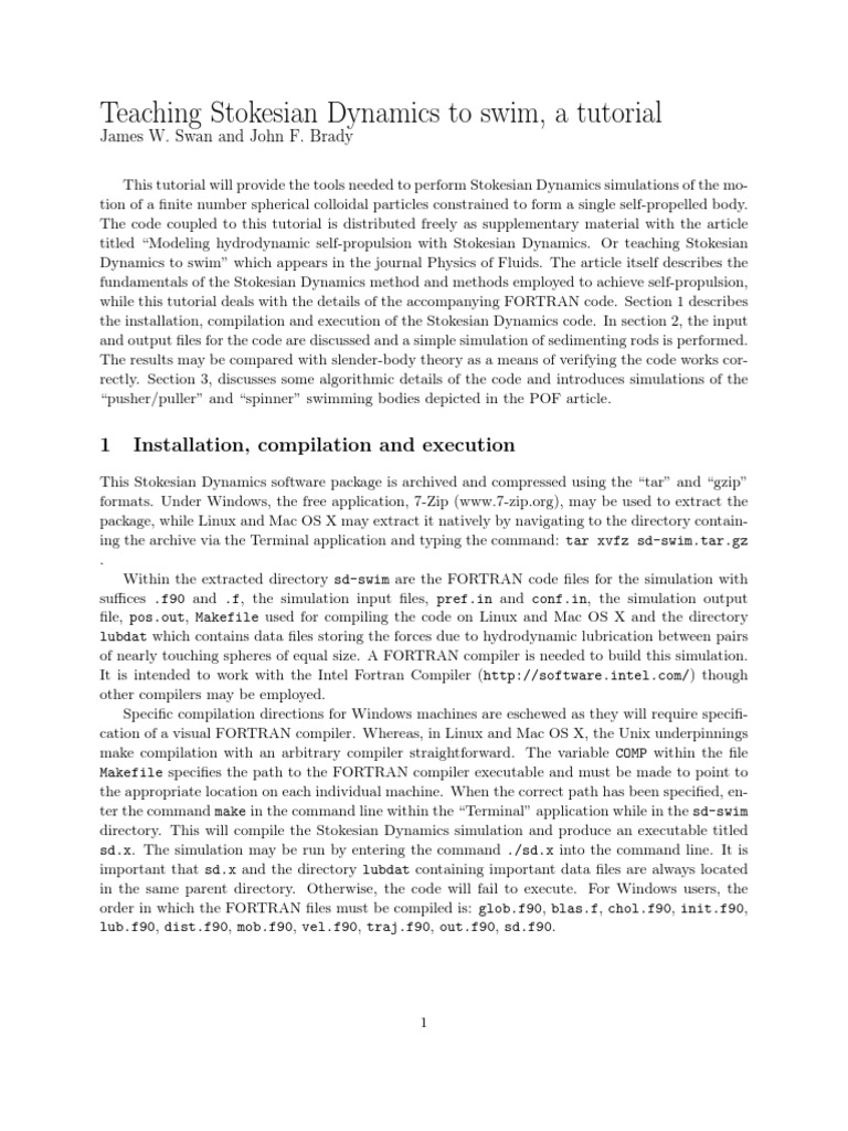 Teaching Stokesian Dynamics To Swim, A Tutorial: 1 Installation, Compilation and Execution ...