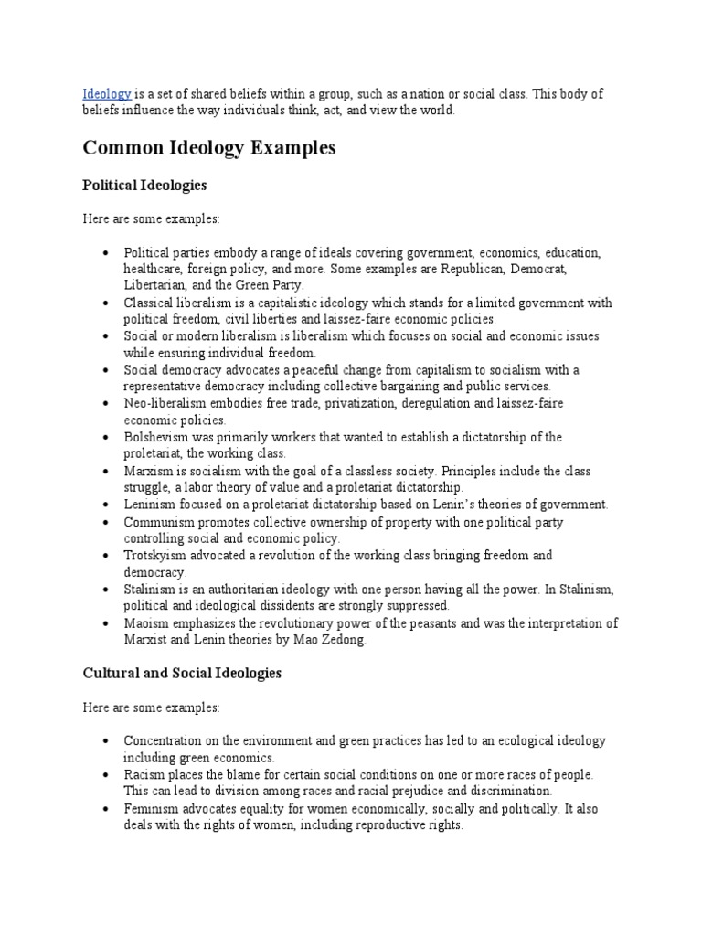 Common Ideology Examples: Political Ideologies | PDF | Politics