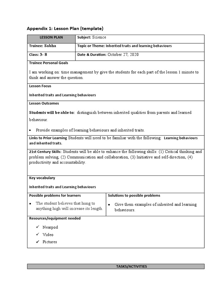 Inherited Traits and Learning Behaviours | PDF | Lesson Plan | Behavior ...