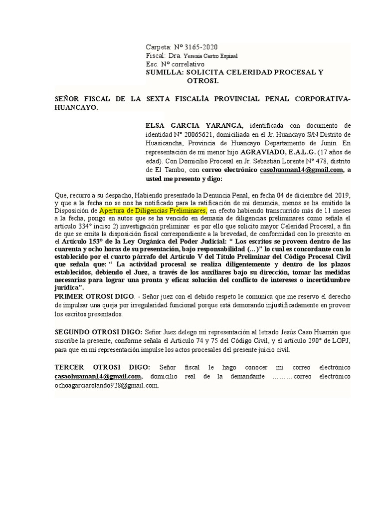 Escrito Celeridad Procesal Huasicancha | PDF | Ley procesal | Principios éticos