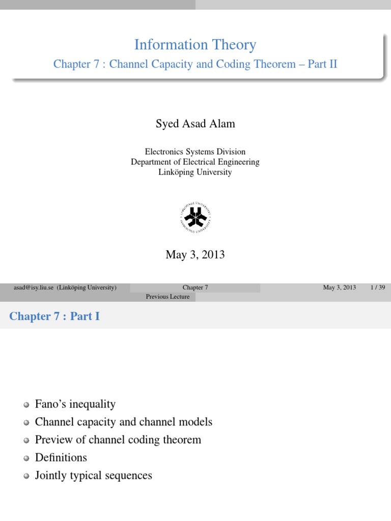 Information Theory: Chapter 7: Channel Capacity and Coding Theorem ...