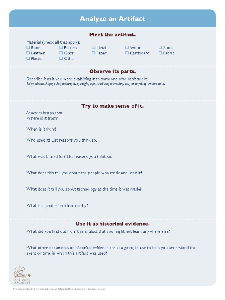 Artifact Analysis Worksheet PDF | PDF