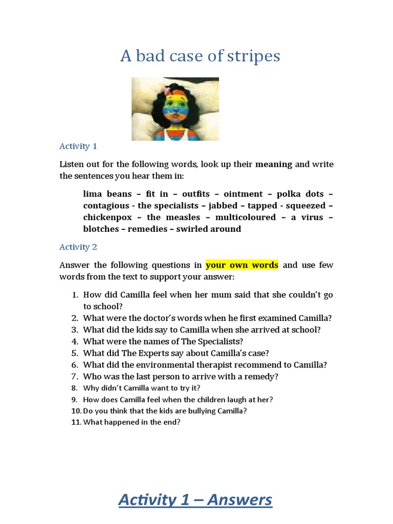 A Bad Case of Stripes: Activity 1 - Answers | PDF