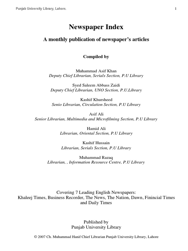 Newspaper Index: A Monthly Publication of Newspaper's Articles | PDF ...