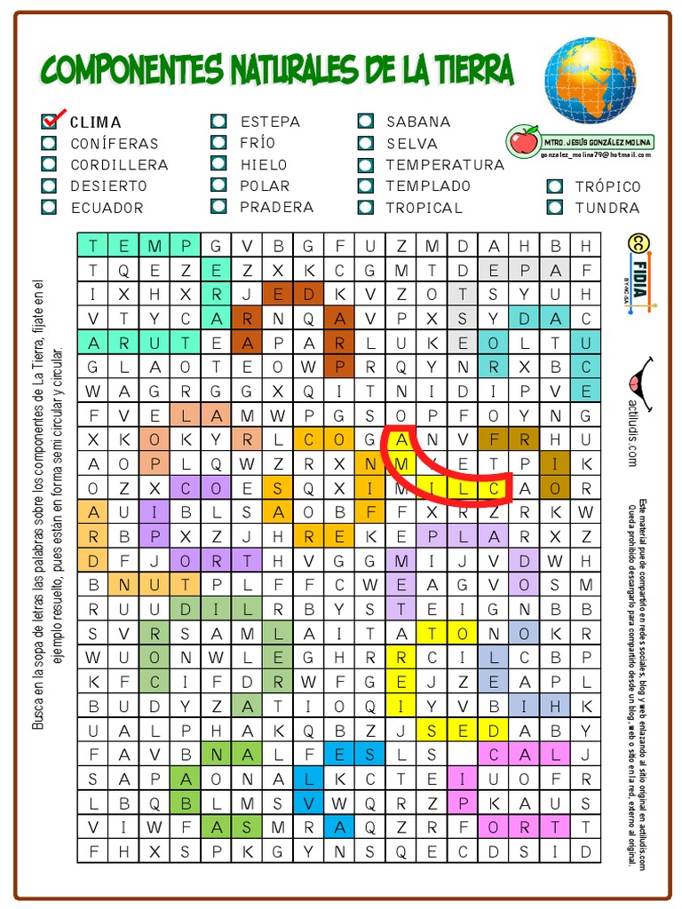 Componentes de la Tierra en una sopa de letras | PDF | Atmósfera | Clima