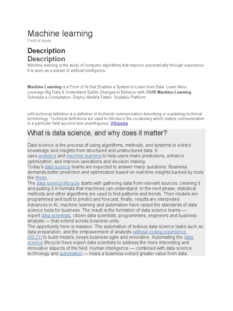 Machine Learning: Description | PDF