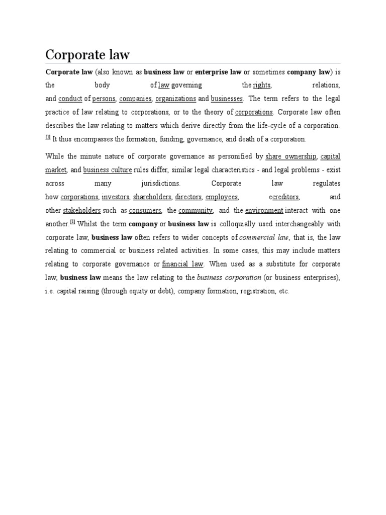 Corporate Law: Corporate Law (Also Known As Business Law or Enterprise ...