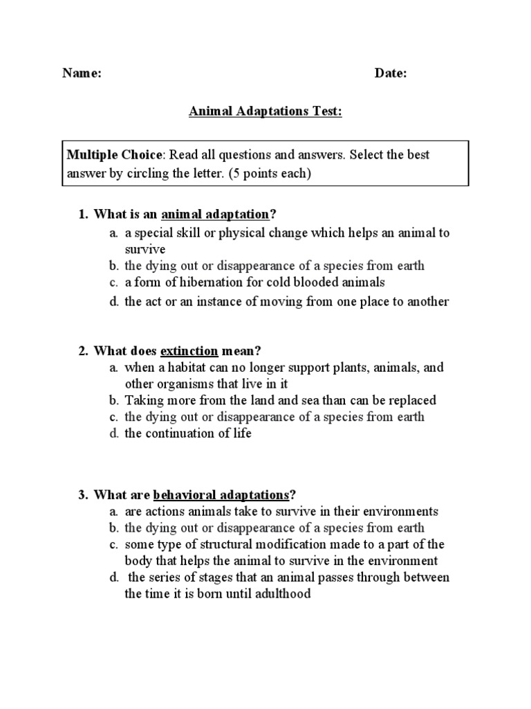 Name: Date: Animal Adaptations Test: Multiple Choice: Read All ...