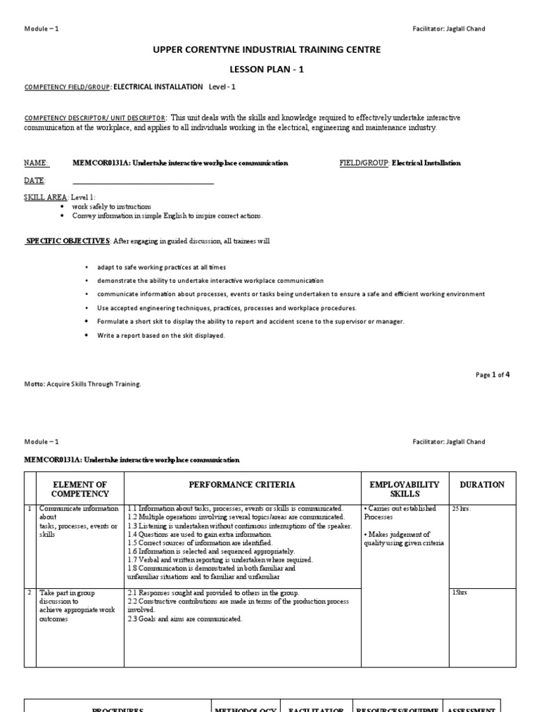 LESSON PLAN - 1 - Undertake Interactive Workplace Communication | PDF ...