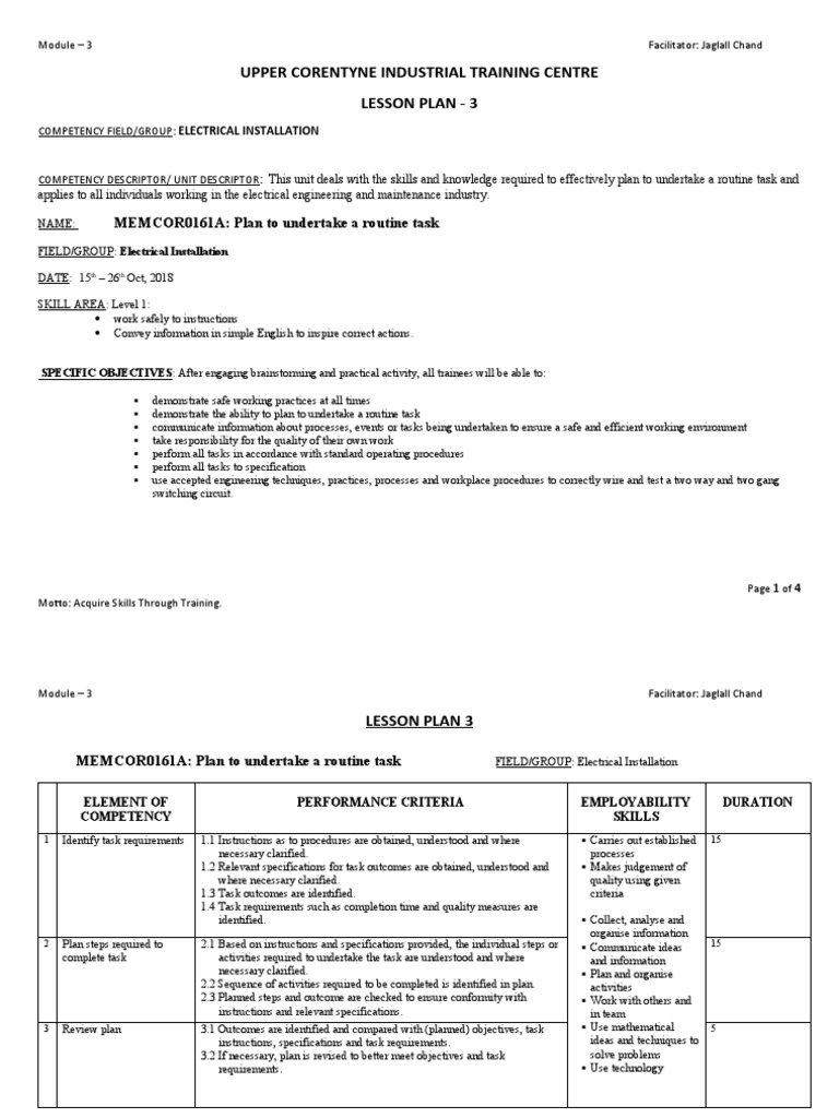 LESSON PLAN-3-Plan To Undertake A Routine Task | PDF | Competence ...