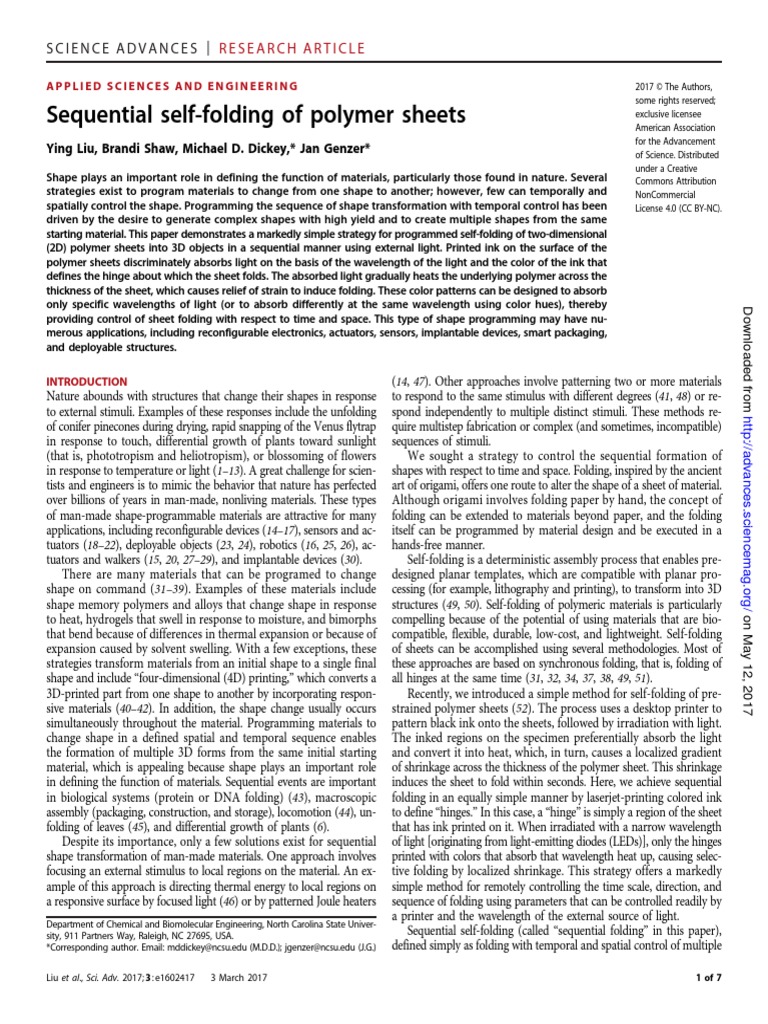 Sequential Self-Folding of Polymer Sheets | PDF | Color | Light ...