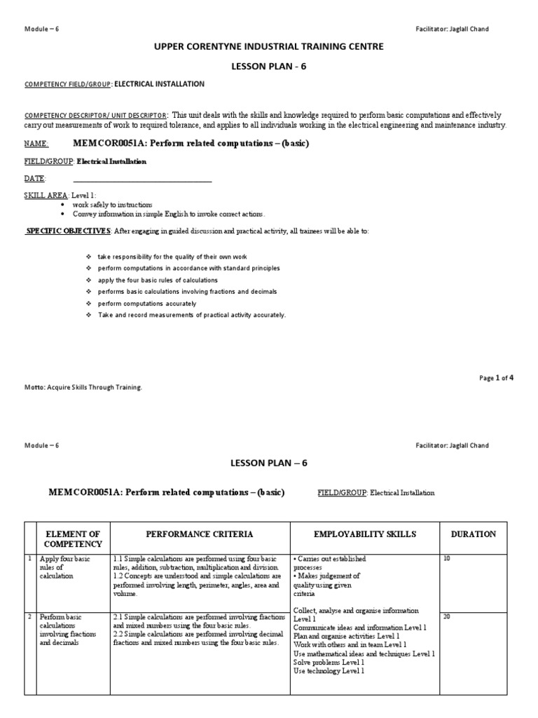 LESSON PLAN-6 - Perform Related Computations - (Basic) | PDF ...