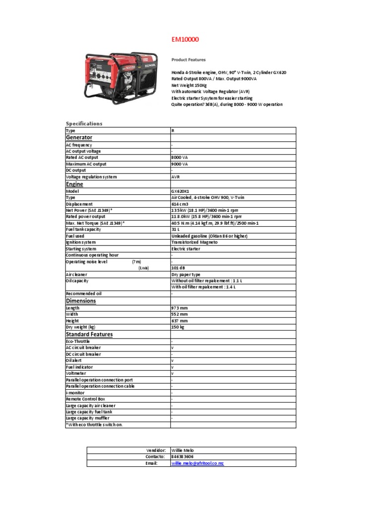 Gerador Honda EM10000 8kva Specs | PDF | Horsepower | Alternating Current