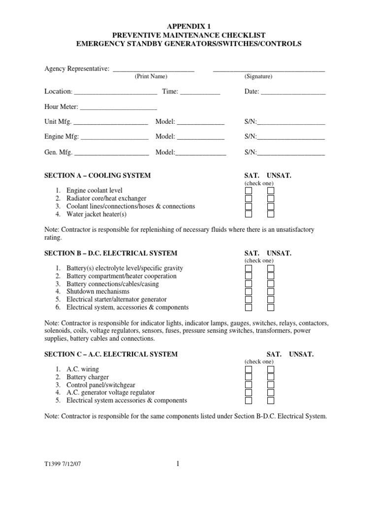 Generator Checklist | PDF | Alternating Current | Switch