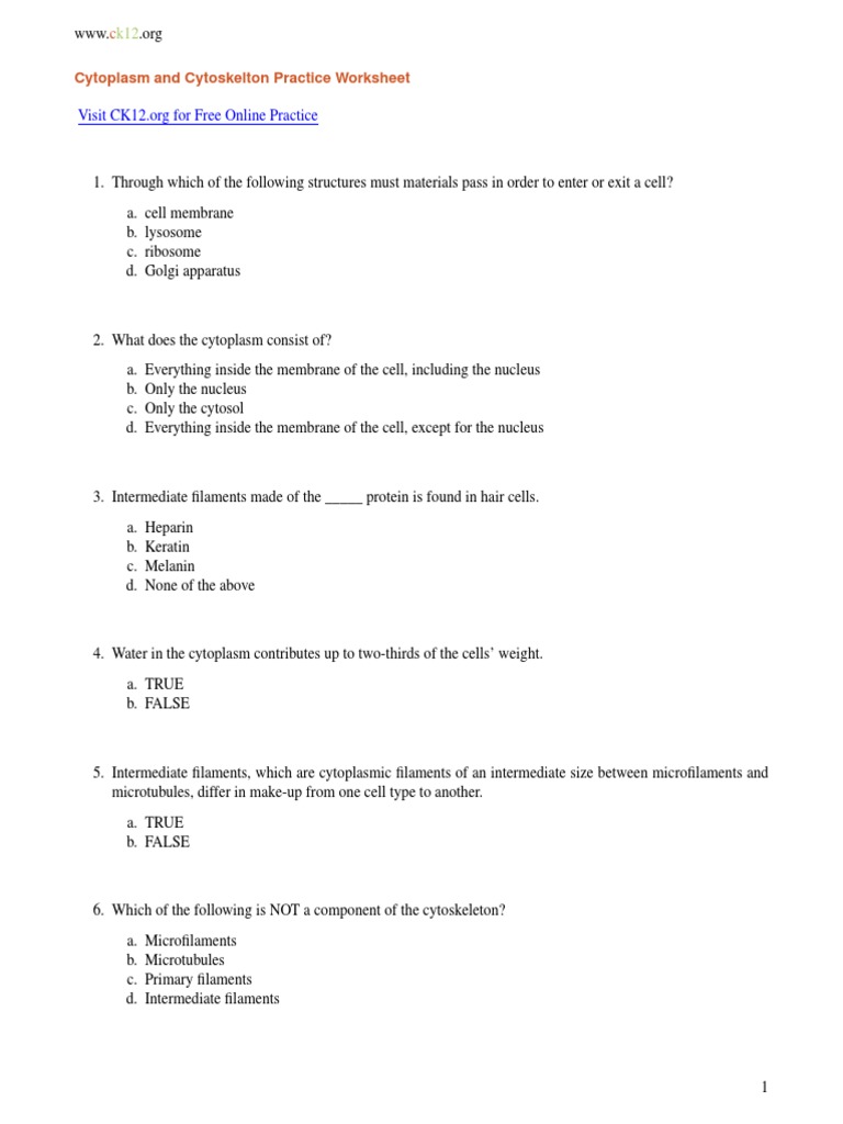 Cytoplasm and Cytoskelton Practice Worksheet | PDF | Cytoskeleton ...