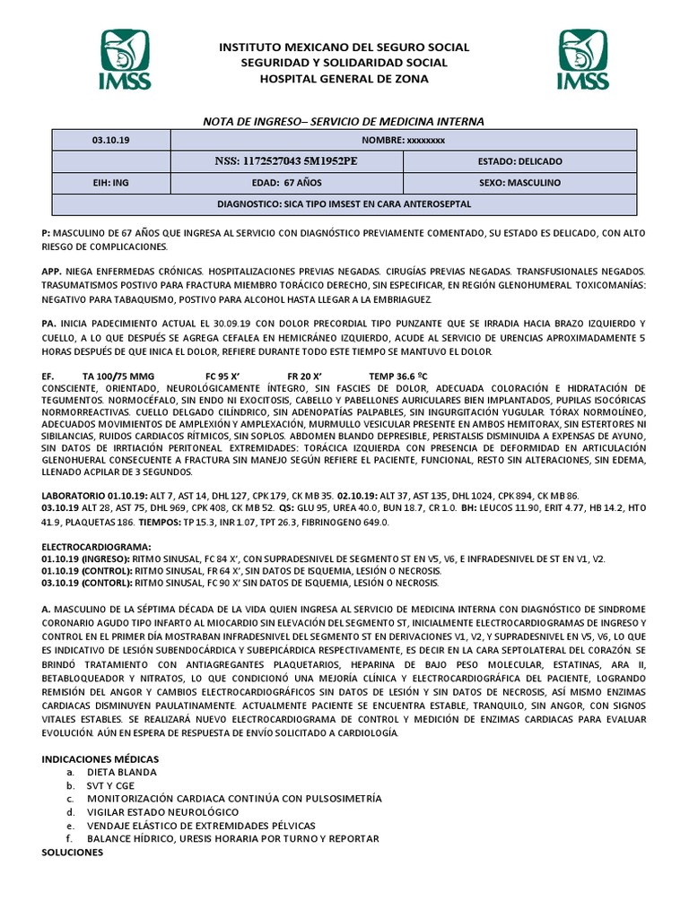 Ejemplo De Ingreso Médico E Indicaciones Imss Pdf Enfermedades