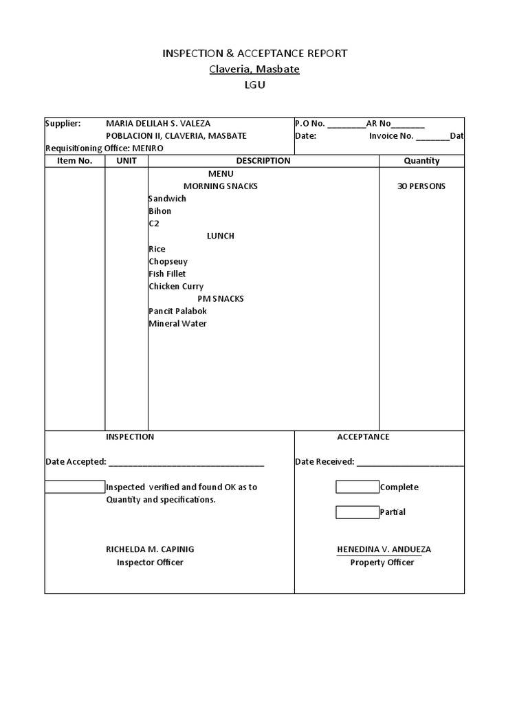 Inspection & Acceptance Report Claveria, Masbate LGU: Item No. Unit ...
