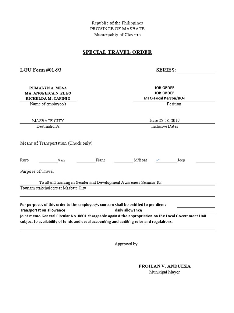 Masbate Travel Order for GAD Seminar | PDF | Payments | Economies