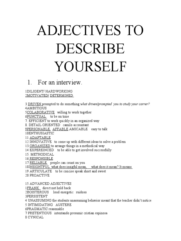 ADJECTIVES TO DESCRIBE YOURSELF TUESDAY 12 PM | PDF