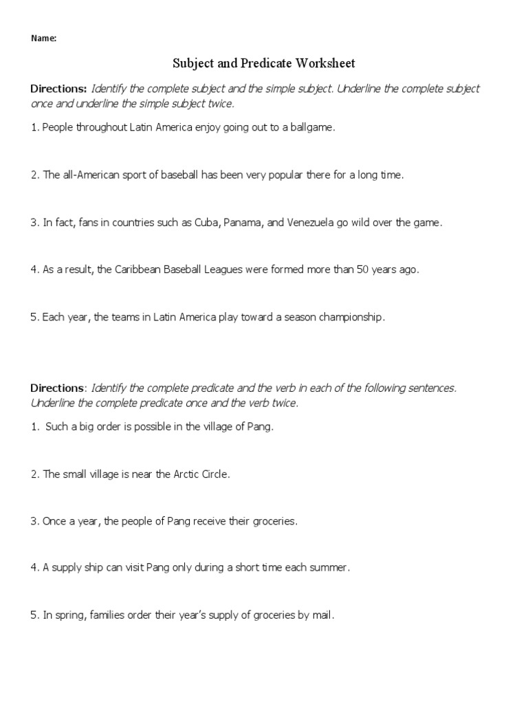 Subject and Predicate Worksheet | PDF