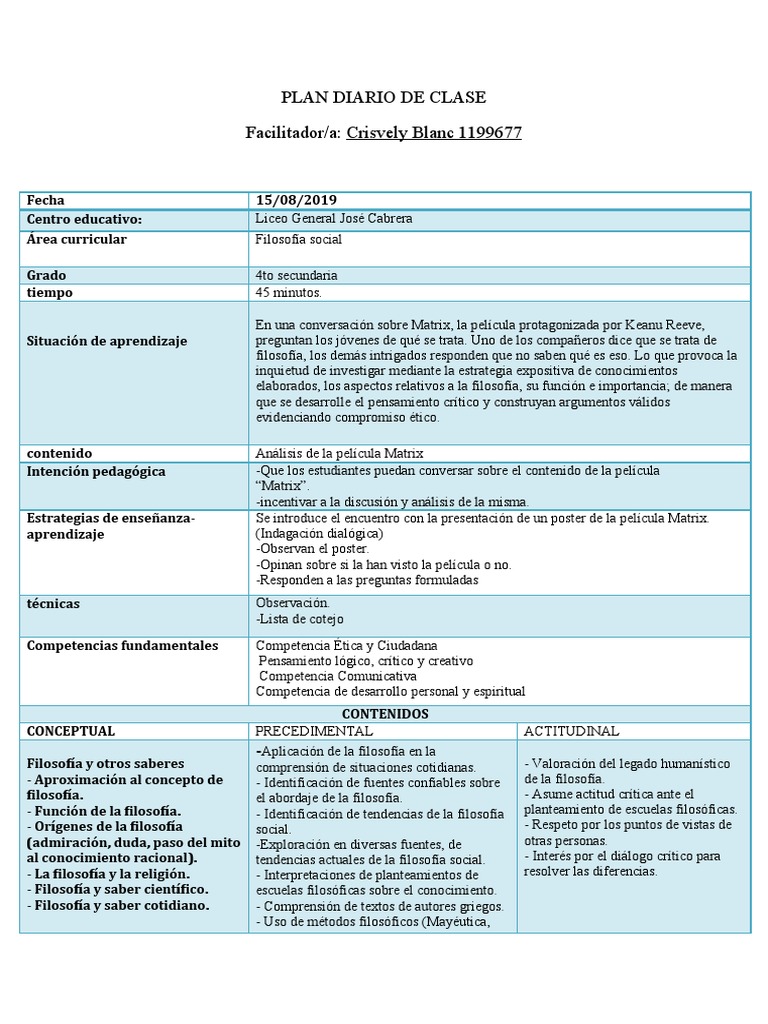 Plan Diario de Clase | PDF | Conocimiento | Evaluación
