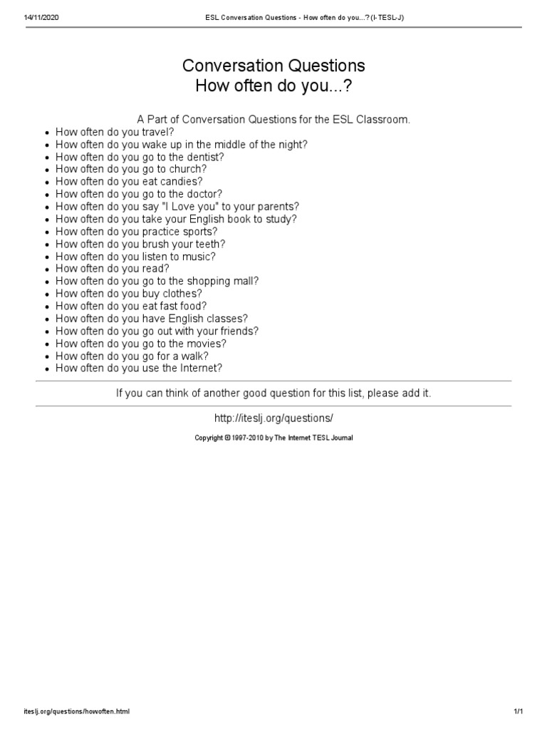 ESL Conversation Questions - How Often Do You... - (I-TESL-J) | PDF ...