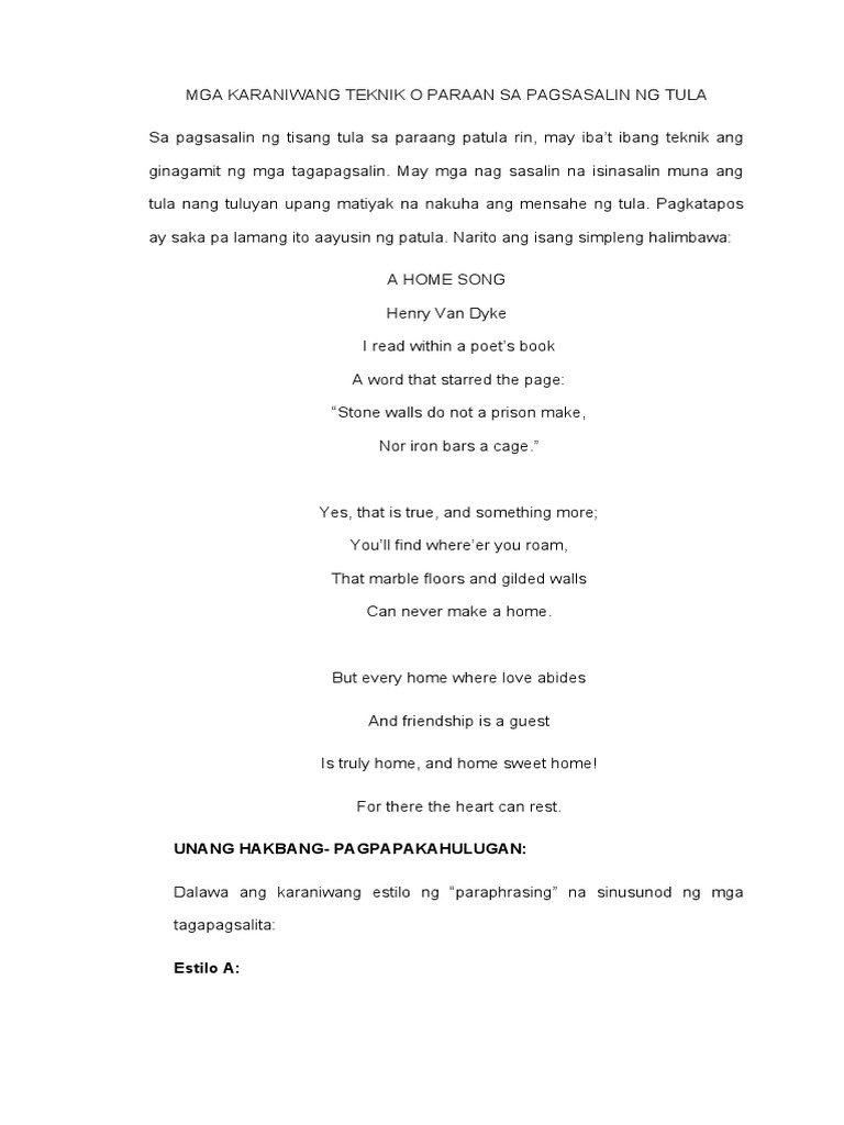 Mga Karaniwan o Teknik Sa Pagsasalin NG Tula | PDF