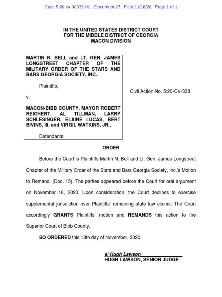 Order Remanding To Superior Court of Bibb County 11.18.20 | PDF