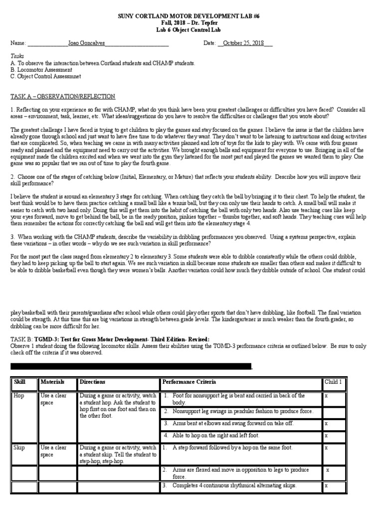 Suny Cortland Motor Development Lab #6 Fall, 2018 - Dr. Tepfer Lab 6 ...