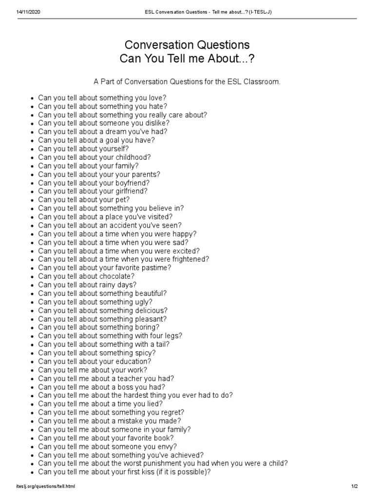 ESL Conversation Questions - Tell Me About... - (I-TESL-J) PDF | PDF