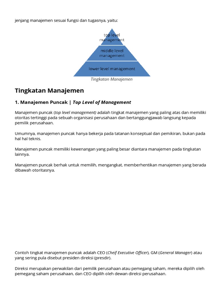 3 Tingkatan Level Manajemen Dan Perannya Dalam Perusahaan | PDF