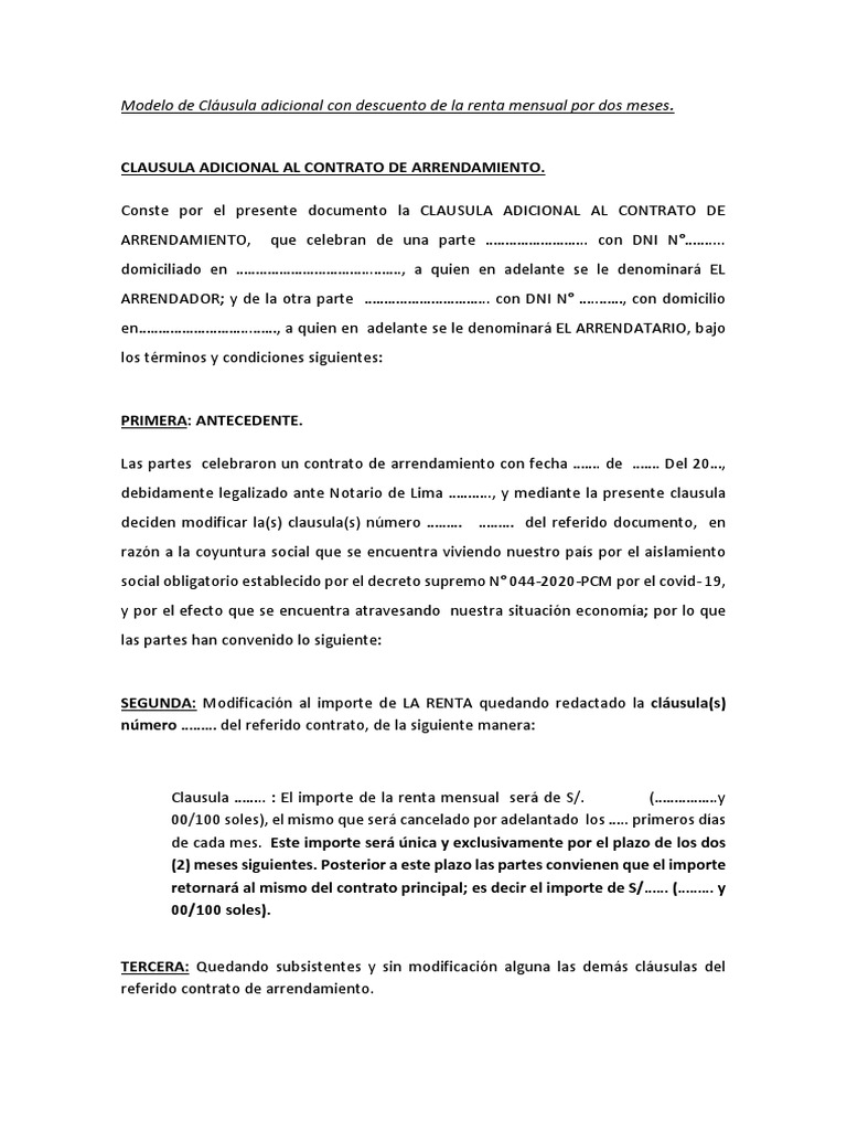 Modelo de Cláusula Adicional Con Descuento de La Renta Mensual Por Dos Meses | PDF