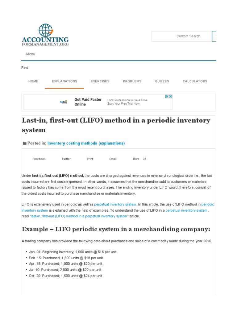 LIFO Method Periodic Invty | PDF | Cost Of Goods Sold | Management ...