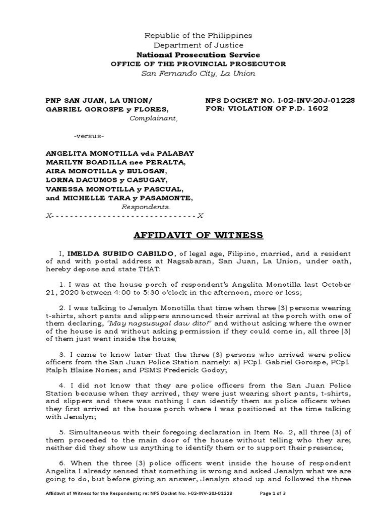 Affidavit of Witness: Imelda Cabildo | PDF | Affidavit | Legal Procedure