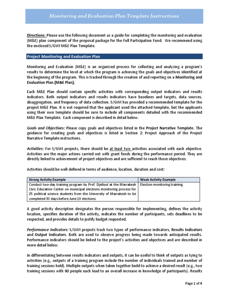 ME Plan Template Instructions | PDF | Monitoring And Evaluation ...