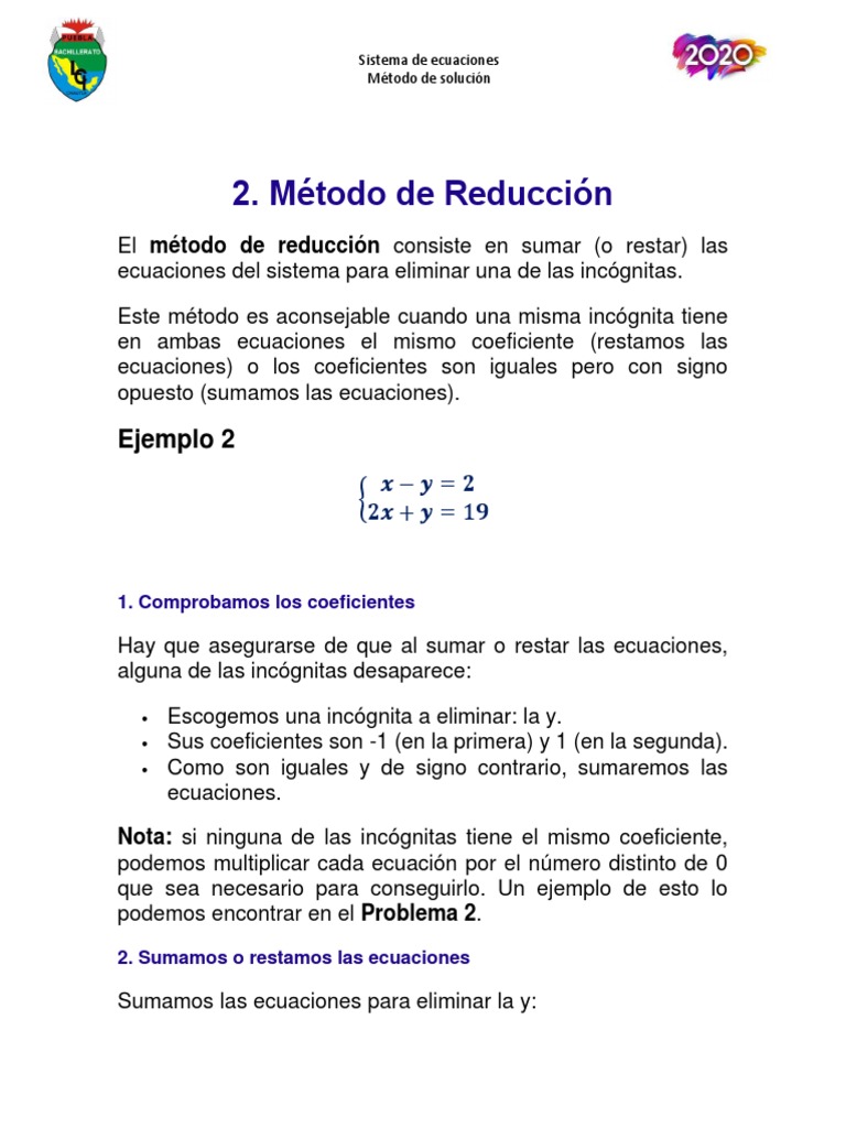 Método de Reducción en Ecuaciones | PDF | Ciencia y matemáticas ...