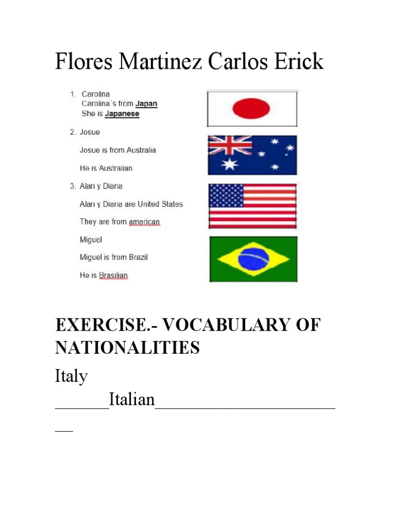 Vocabulary List of Nationalities and Their Associated Countries | PDF