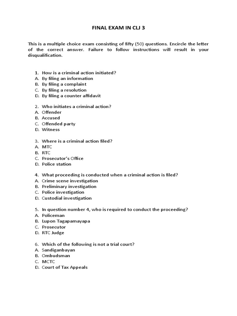 Final Exam in CLJ 3 2017 | PDF | Arraignment | Prosecutor