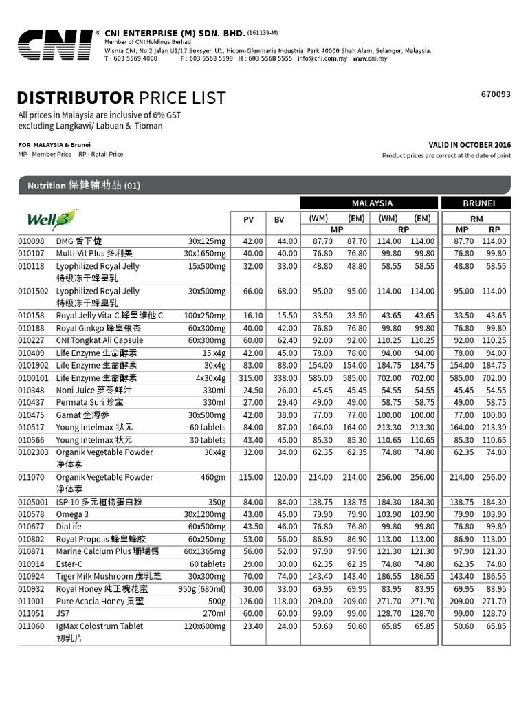 Distributor Price List: Brunei Malaysia Nutrition | PDF | Nature