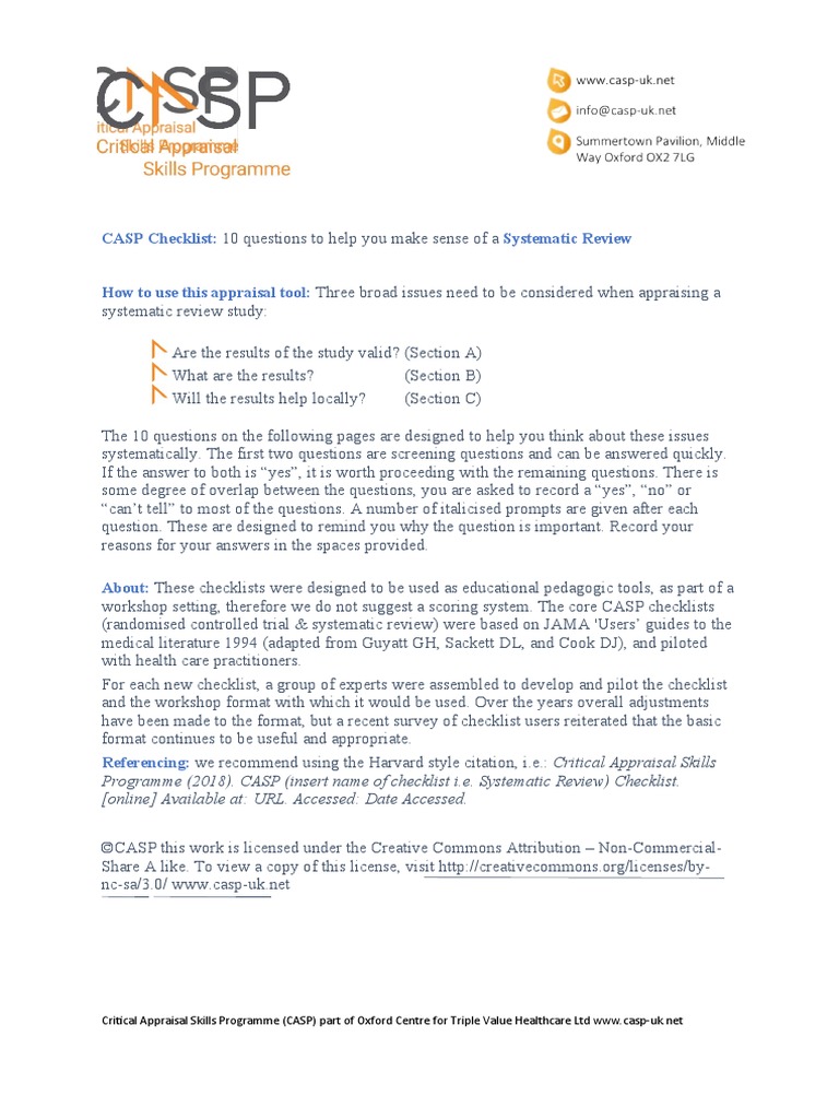 CASP Checklist: Systematic Review | PDF | Systematic Review | Medicine