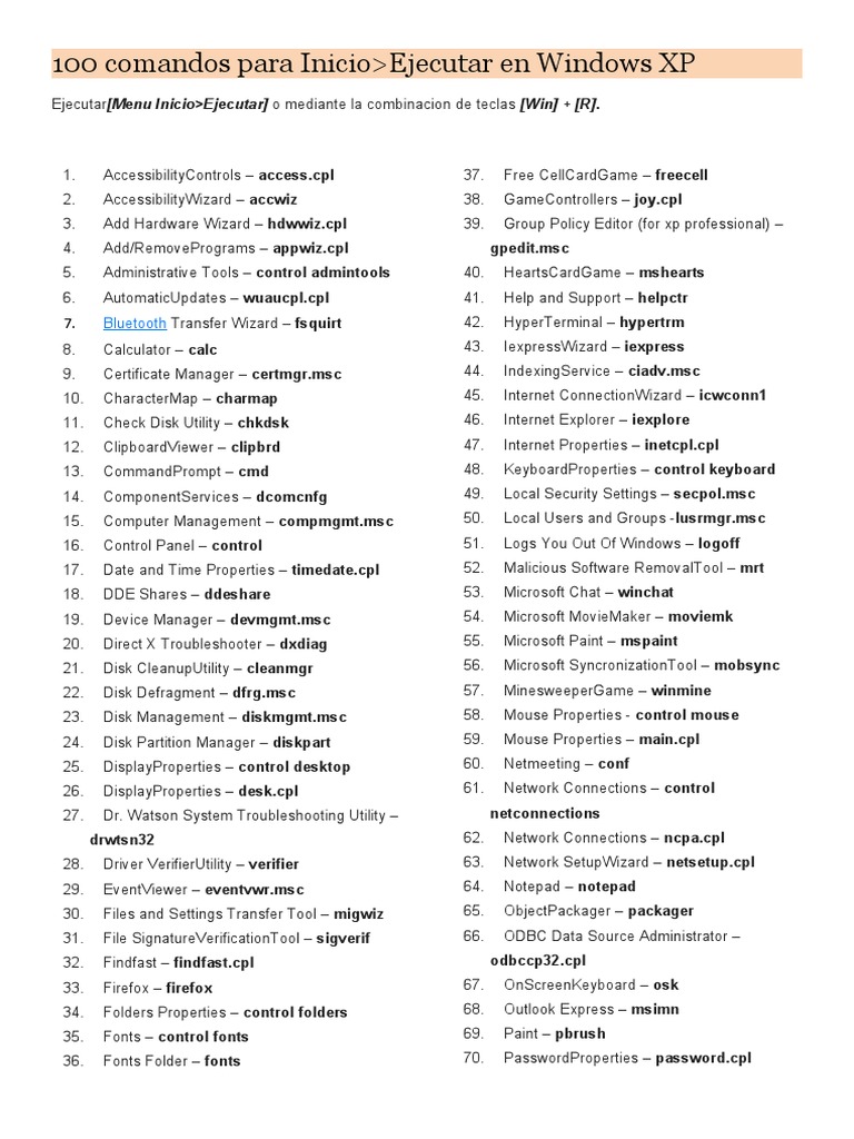 100 Comandos para XP | PDF | Microsoft Windows | Windows Registry