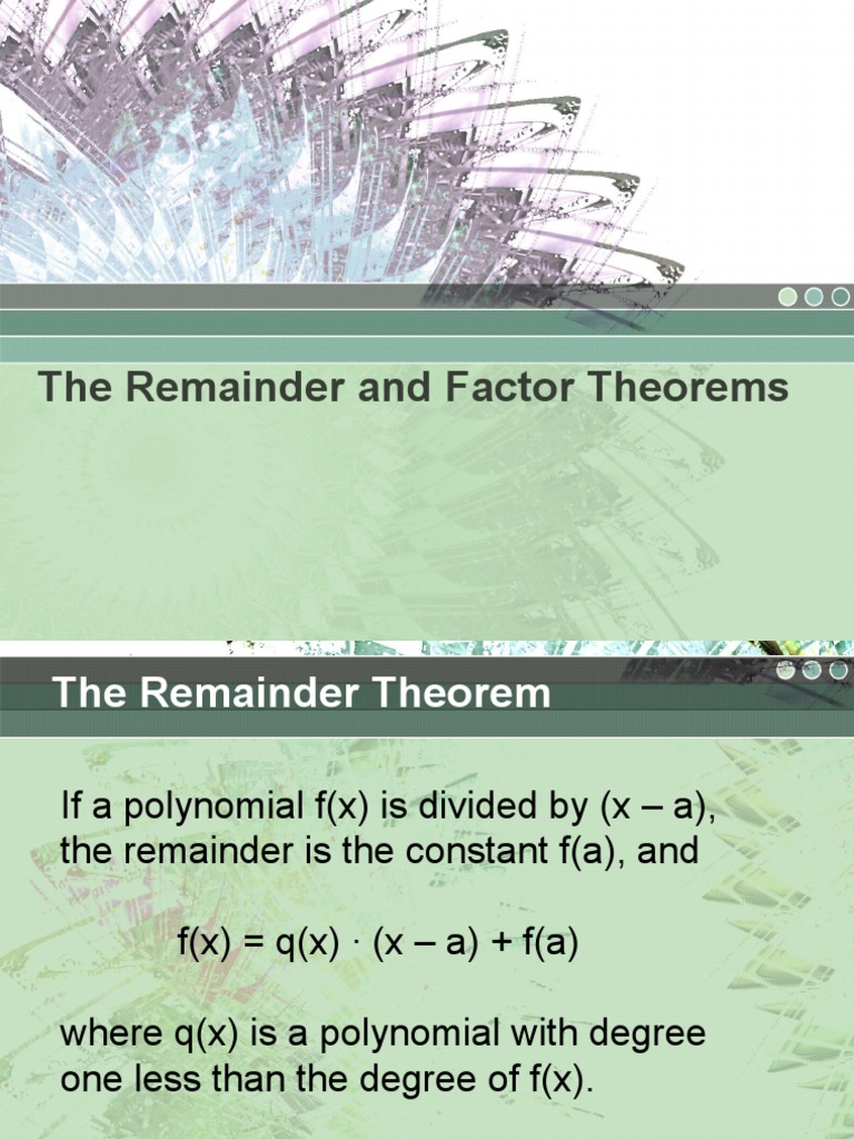 The Remainder and Factor Theorems | PDF | Factorization | Polynomial