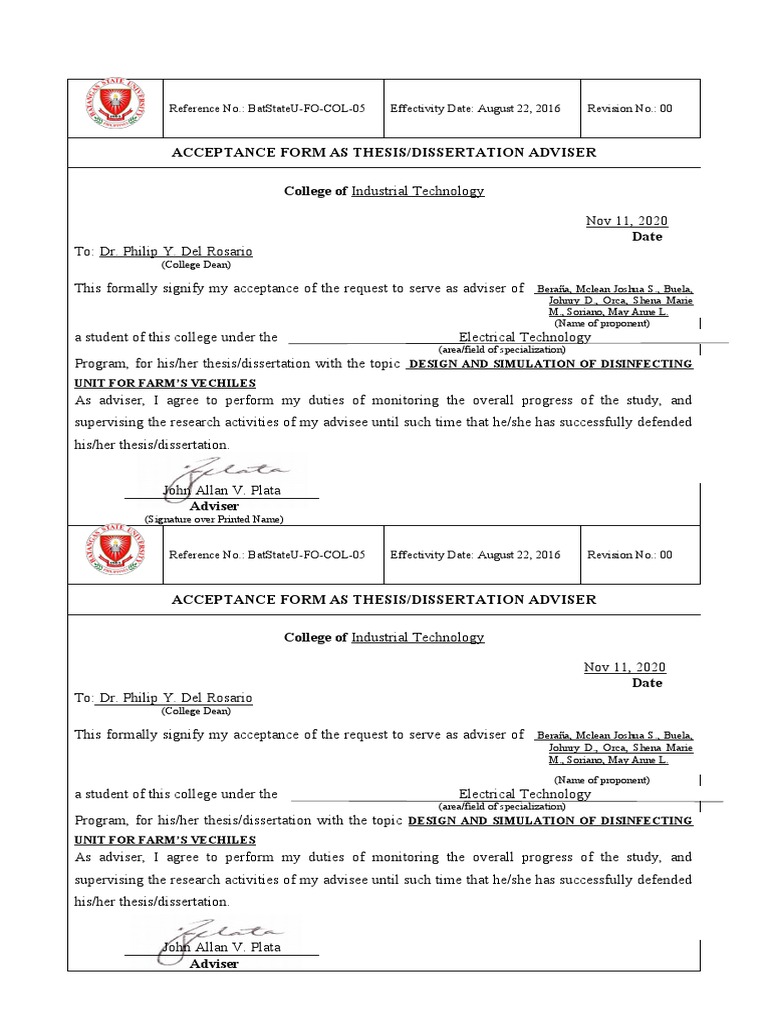 Acceptance Form as Thesis Adviser | PDF | Thesis | Educational Assessment And Evaluation
