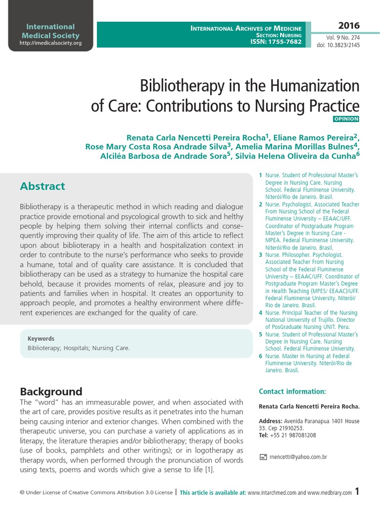 Bibliotherapy in The Humanization of Care - Contributions To Nursing ...