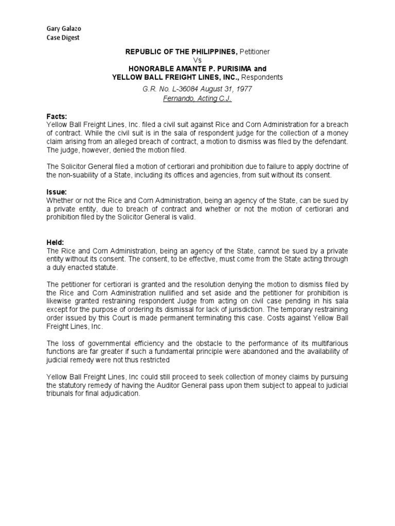 Republic vs. Purisima: State Suability | PDF | Politics | Social Science