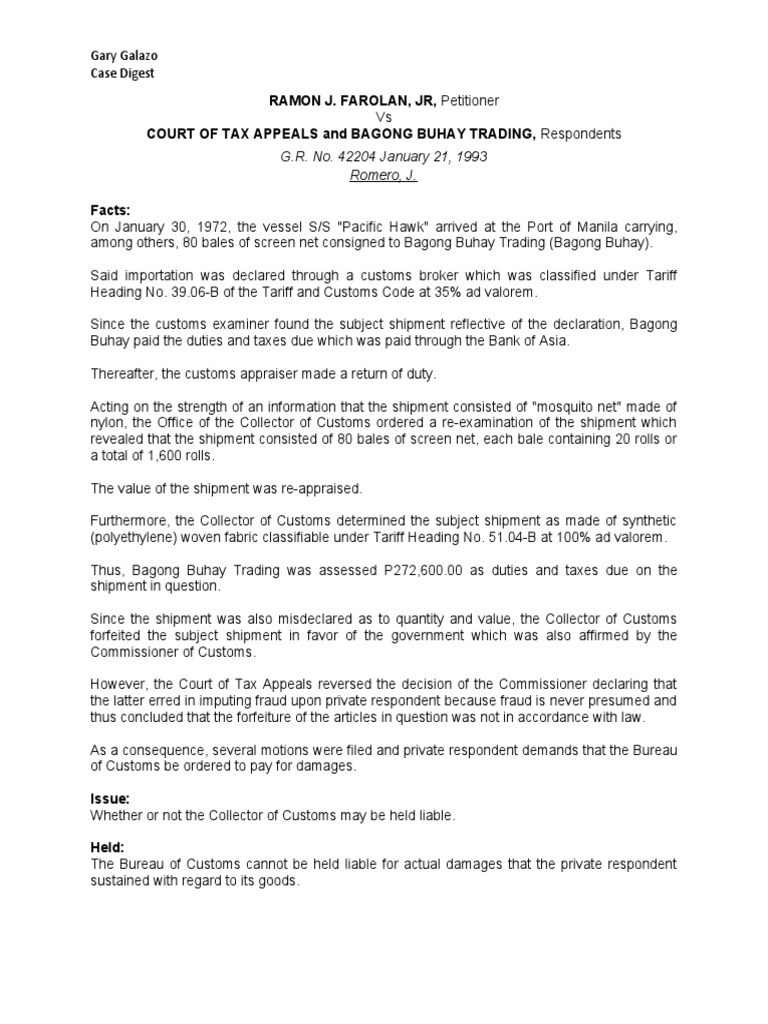 Farolan Vs CTA - Digest | PDF | Sovereign Immunity | Customs