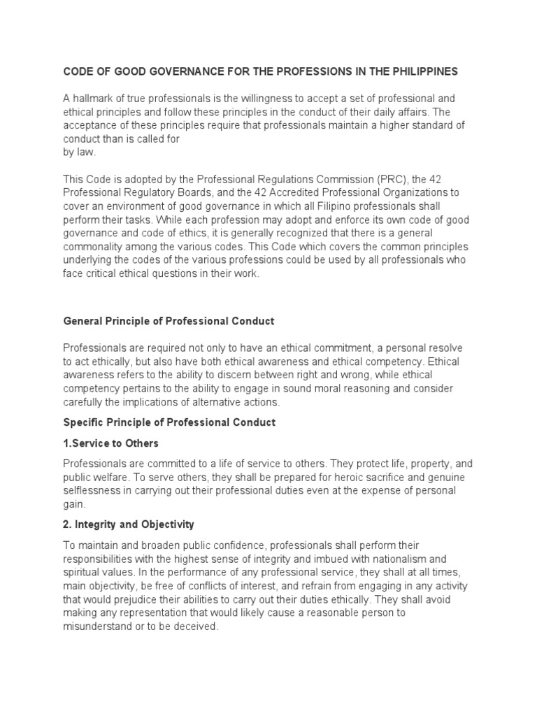 Code of Good Governance For The Professions in The Philippines | PDF ...