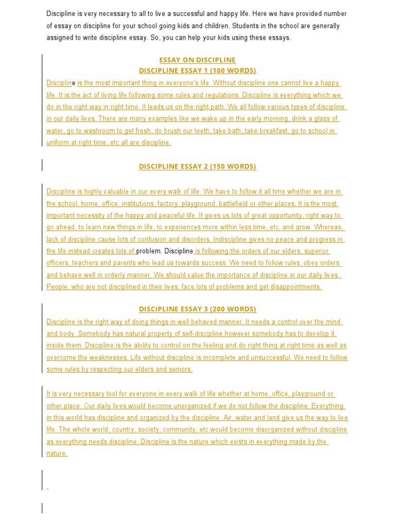 Essay On Discipline Discipline Essay 1 (100 Words) | PDF | Disciplines ...