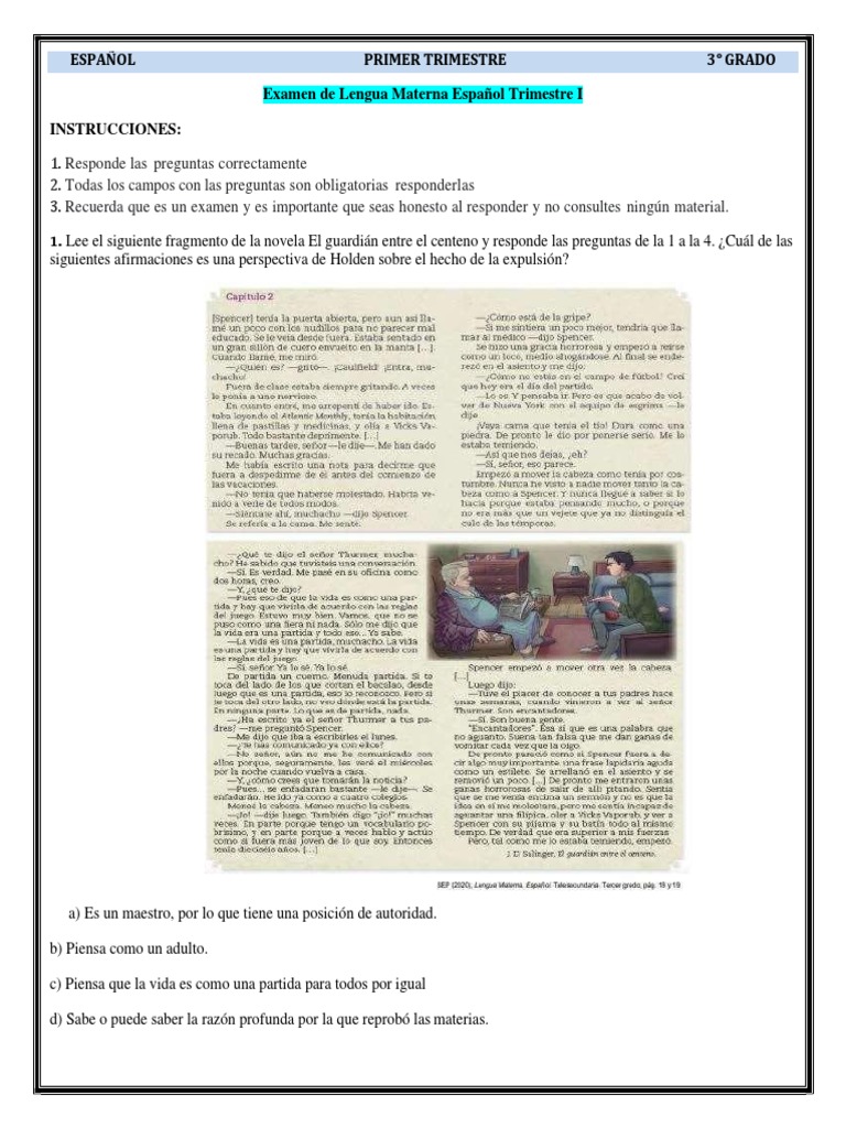 Examen de Lengua Materna Español 3° Grado | PDF | Narrativa | Pruebas ...