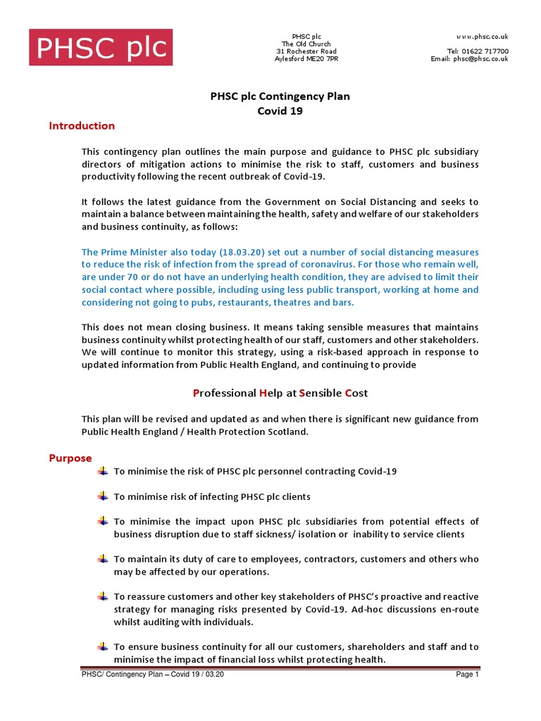 Contingency Plan Covid 19 03.20. | PDF | Health Sciences | Medicine
